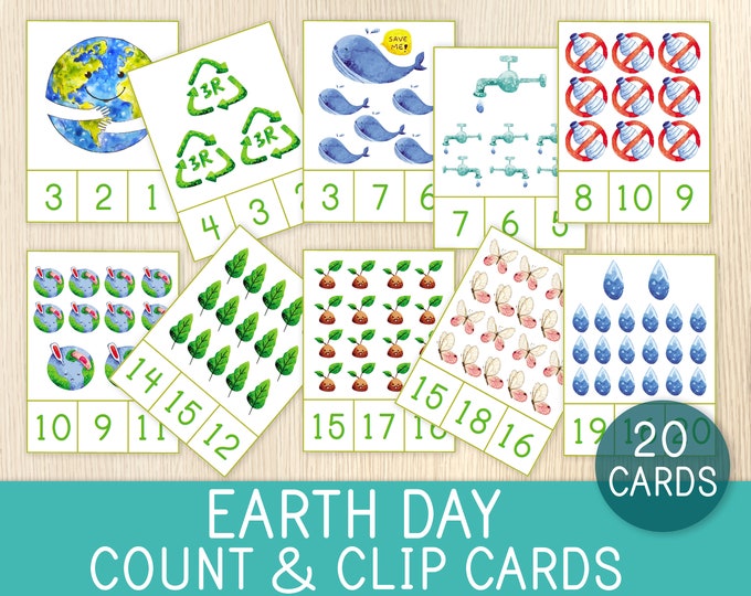 Earth Day Count & Clip Cards, Numbers 1-20, Counting Cards, Flashcards ...