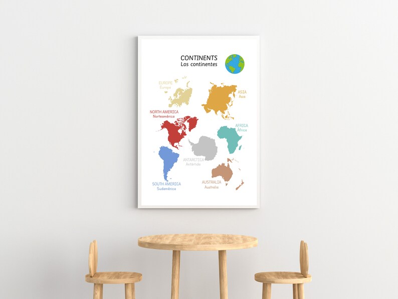 Continents Poster in English & Spanish Bilingual Printable - Etsy