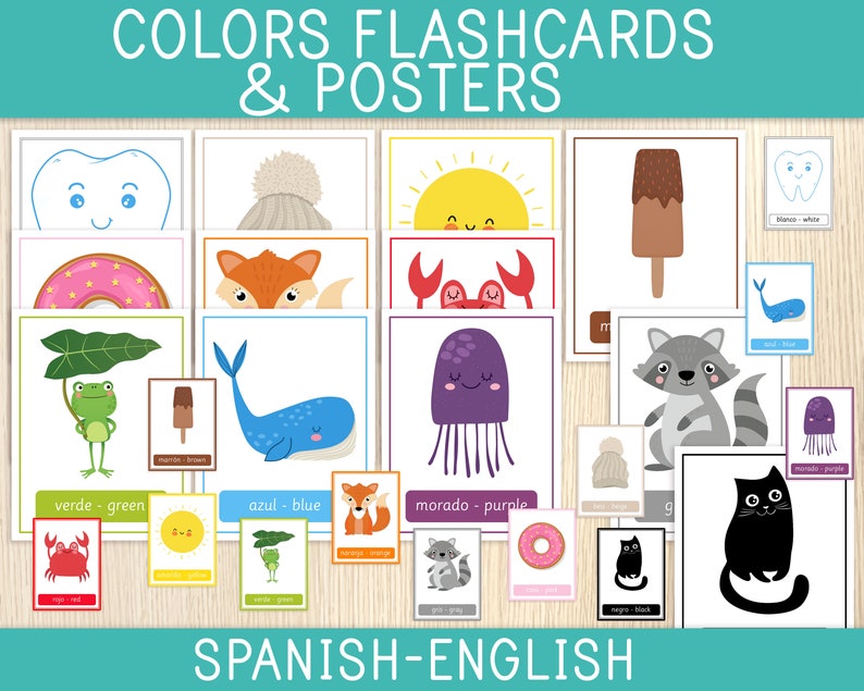 Colors Flashcards and Posters Spanish and English Bilingual | Etsy