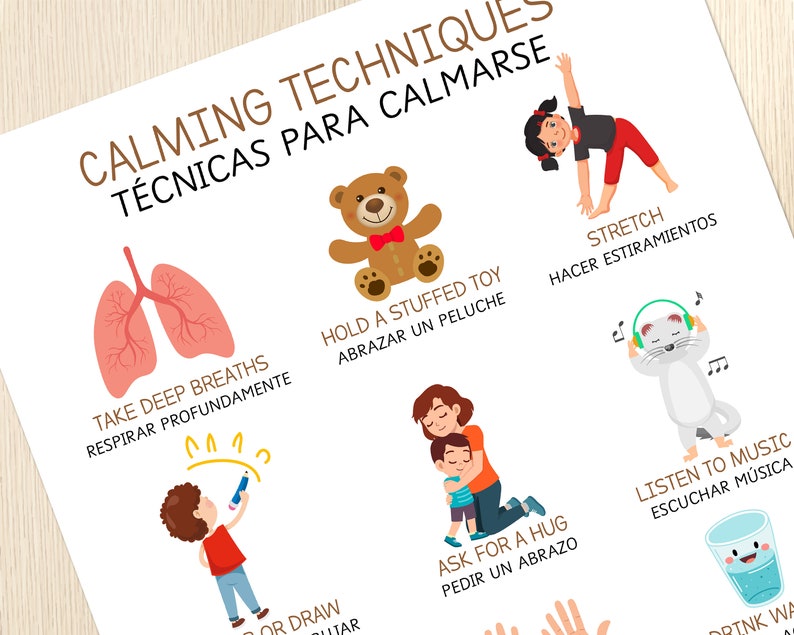 Calming Techniques Bilingual Poster, English-spanish, Calming Corner ...
