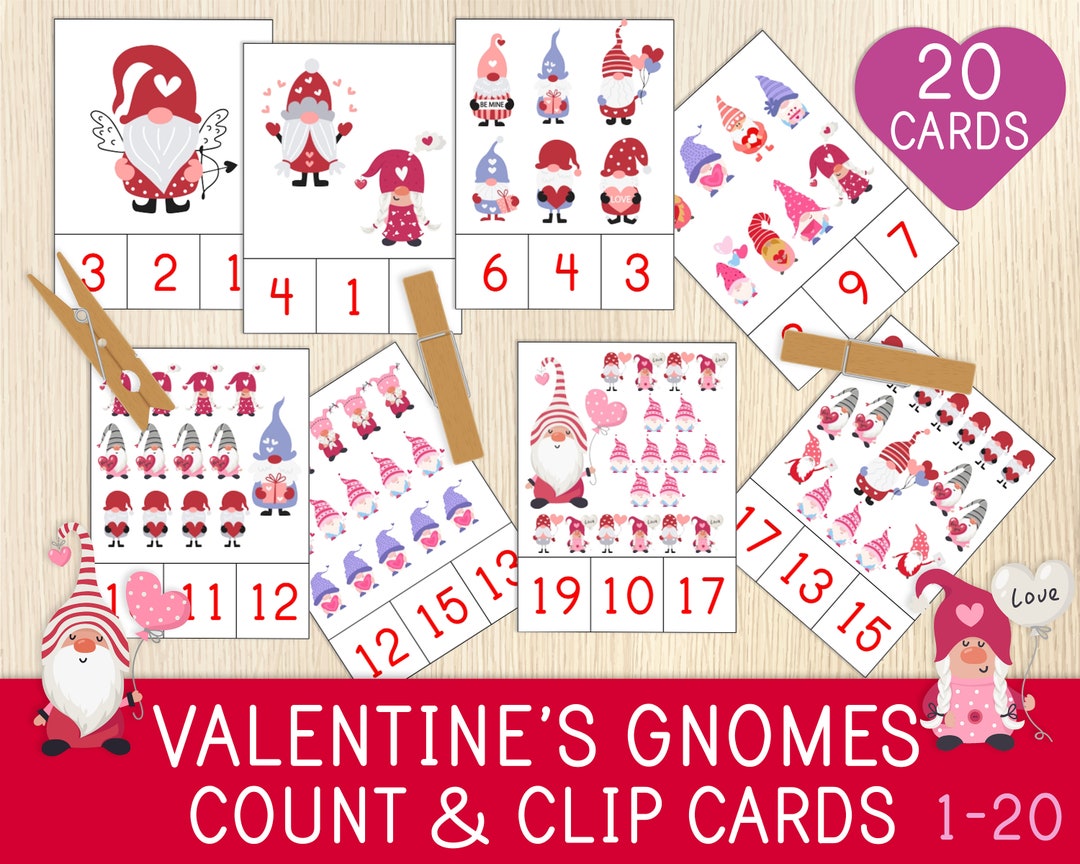 Valentine's Day Count and Clip Cards, Numbers 1-20, Valentine Gnomes ...