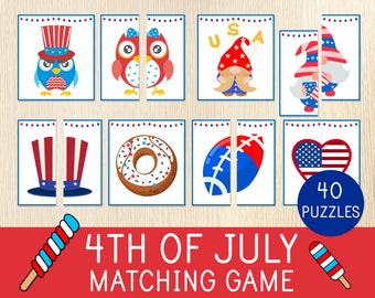 4th of July Game, Matching Activity for Kids, Cupcakes Puzzles, USA ...