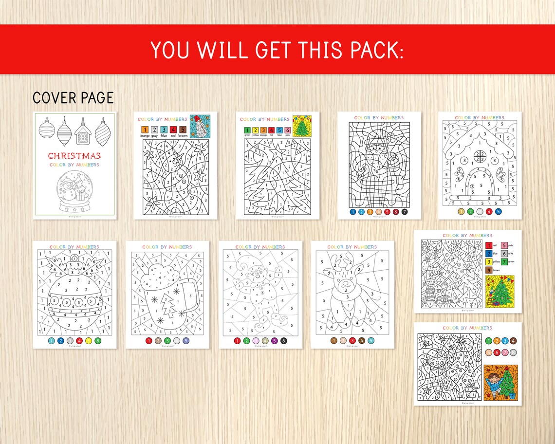 Christmas Coloring Pages 10 Color by Numbers Worksheets - Etsy