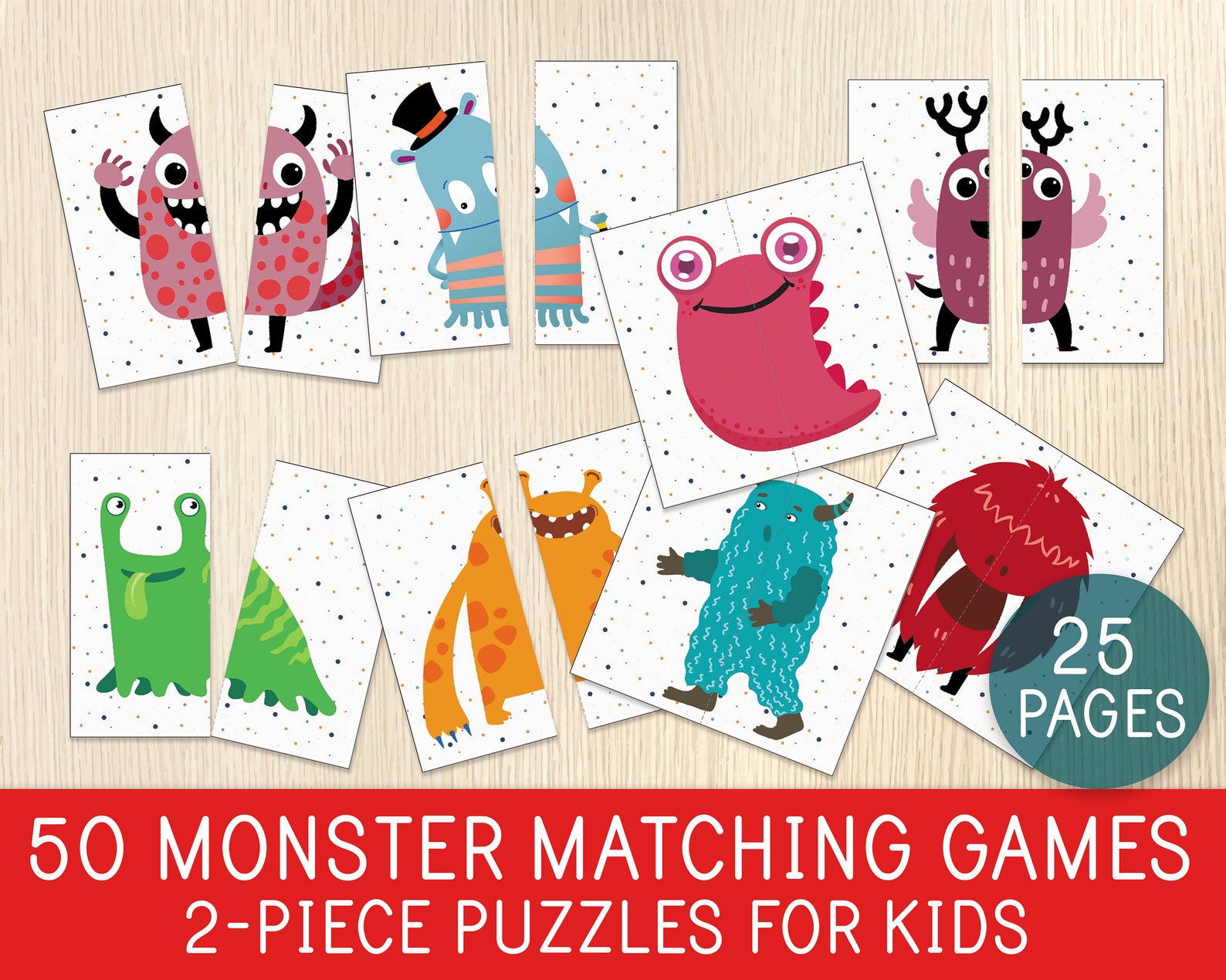 Monster Matching Games 50 2-piece Puzzles for Toddlers & | Etsy