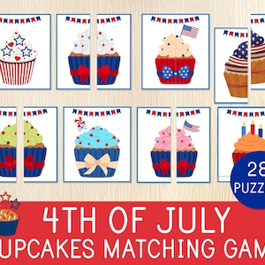 4th of July Game, Matching Activity for Kids, Cupcakes Puzzles, USA ...