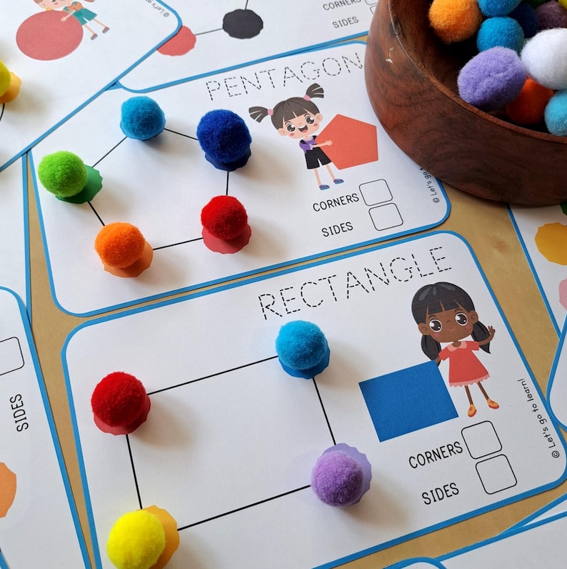 Shapes With Pom Poms Activity - Toddler, Preschool, Kindergarten - Math ...