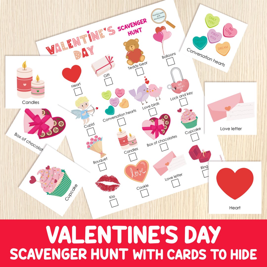 Valentine's Day Scavenger Hunt With Cards to Hide - Indoor Outdoor ...