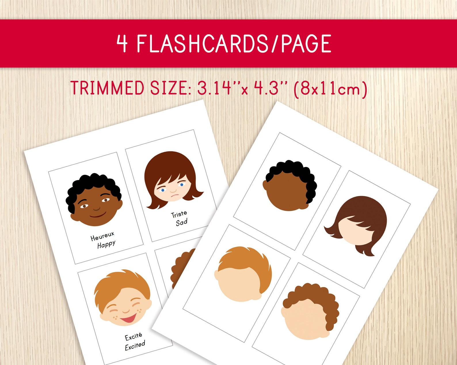 French & English Emotions Flashcards and Blank Face | Etsy