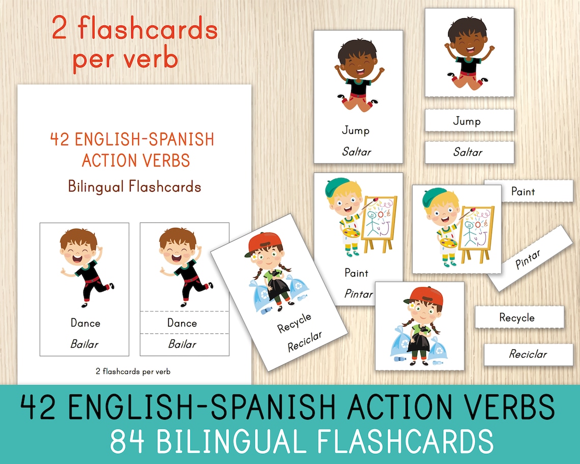 English-spanish Action Verbs - 42 Verbs - 84 Bilingual Flashcards ...