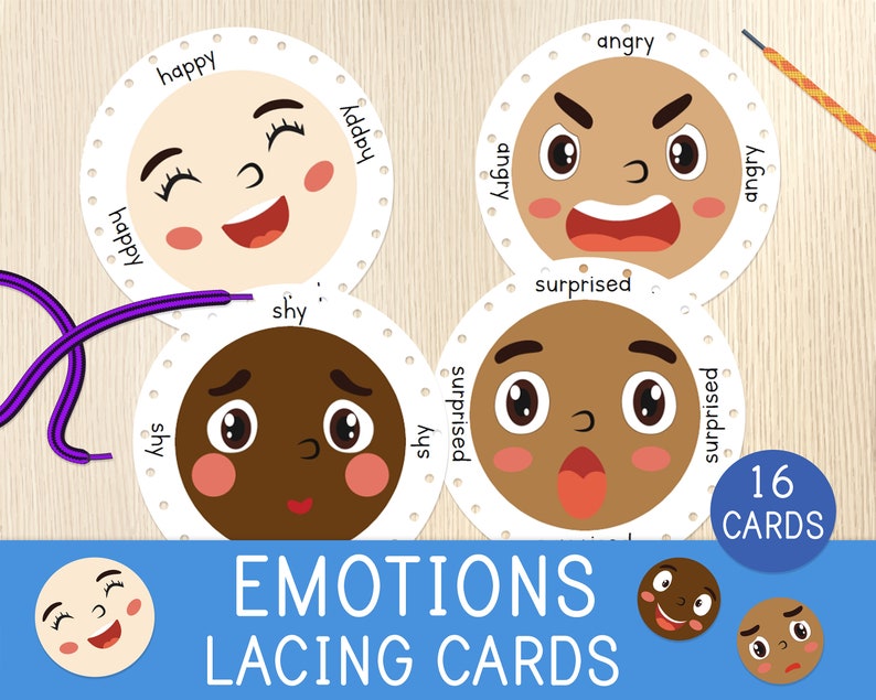 Emotions Lacing Cards Learn the Feelings Fine Motor - Etsy