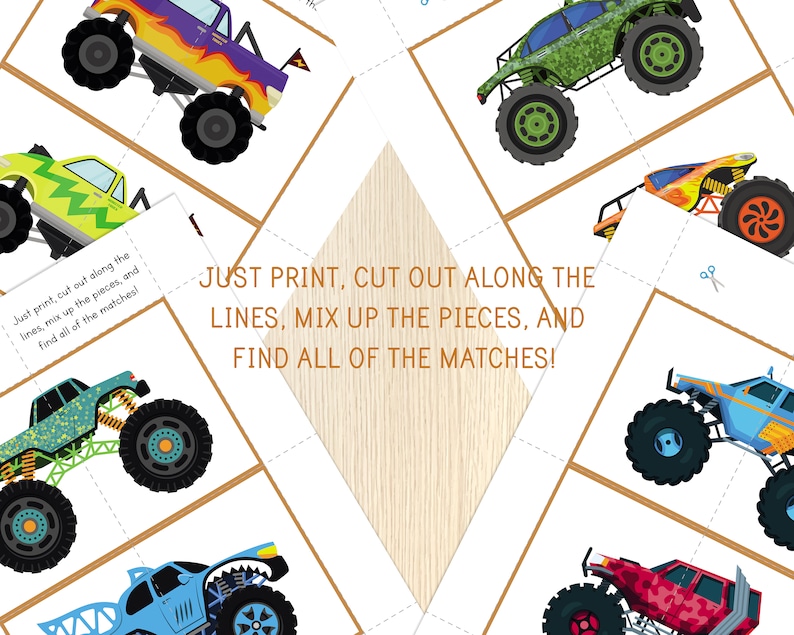 Monster Trucks Matching Activity, 26 Puzzles, Symmetry, Kids Puzzles ...