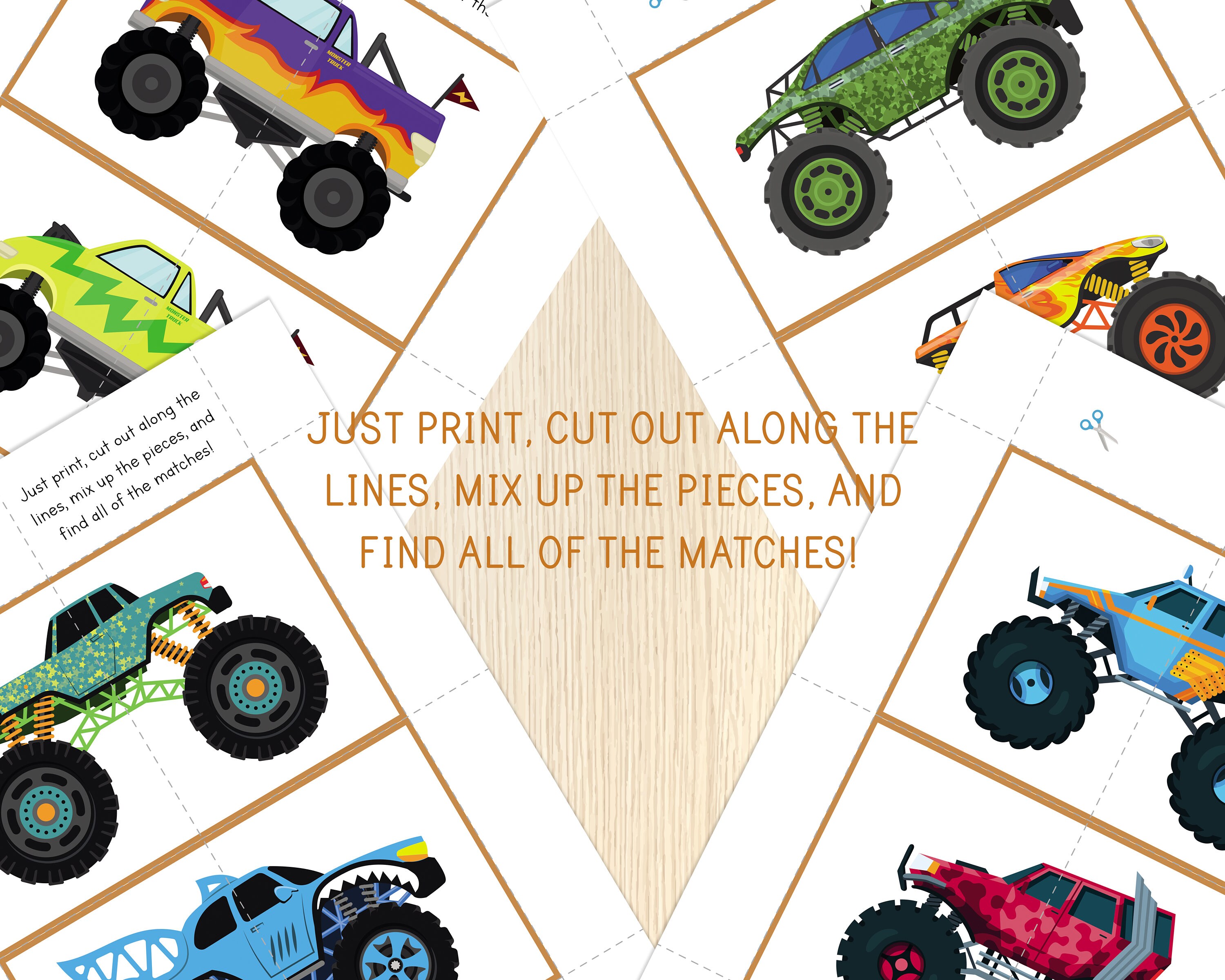 Monster Trucks Matching Activity, 26 Puzzles, Symmetry, Kids Puzzles ...