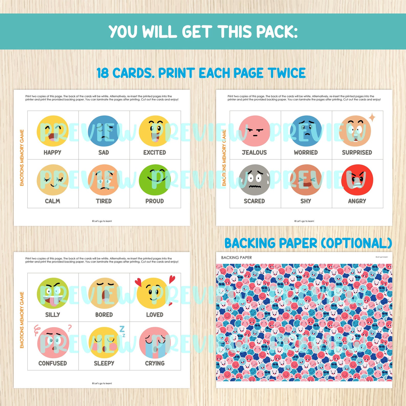 Emotions Memory Game for Kids - Feelings Flashcards Matching Activity ...