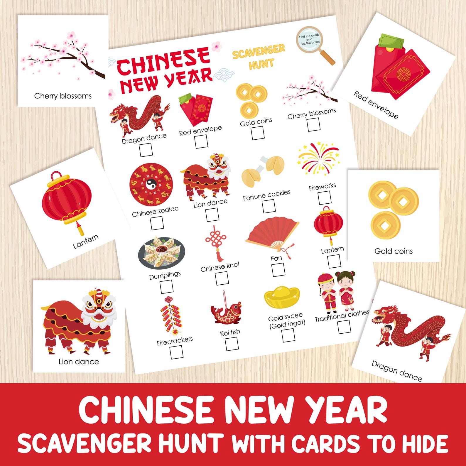 Chinese New Year Scavenger Hunt With Cards to Hide - Indoor Outdoor ...