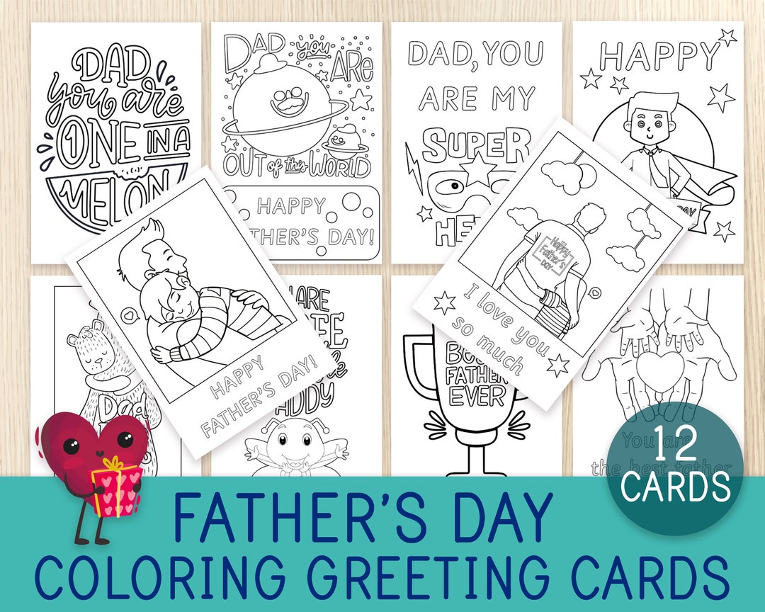 Father's Day Coloring Greeting Cards, 12 Cards for Dad, Daddy, Craft ...