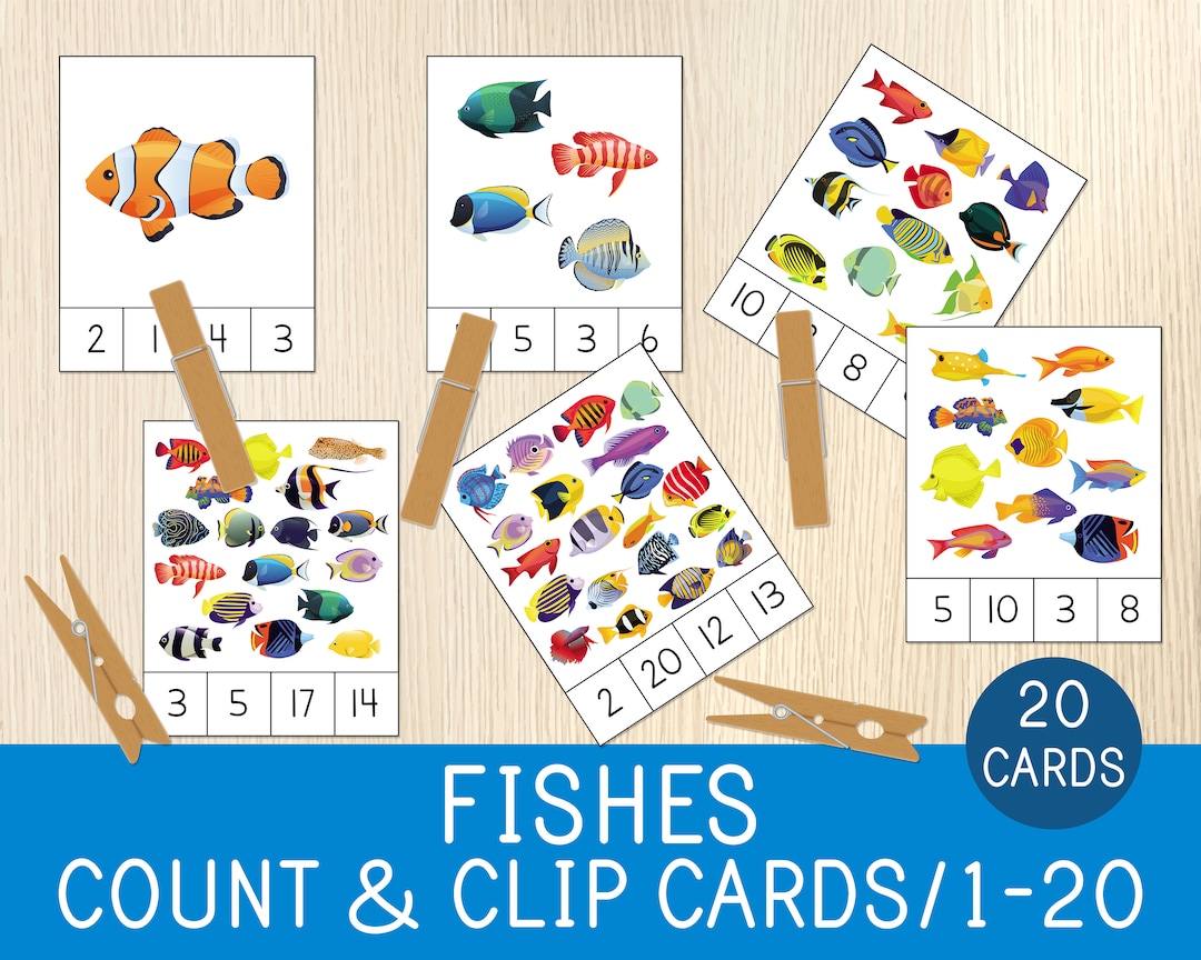Counting Fishes, Clip Cards, Numbers 1-20, Montessori Counting Cards ...