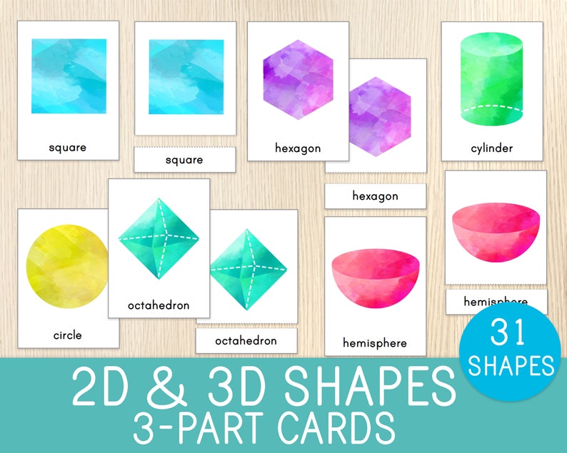 Shapes Cards, 3-part Cards, 2D & 3D, Nomenclature Cards, Montessori ...