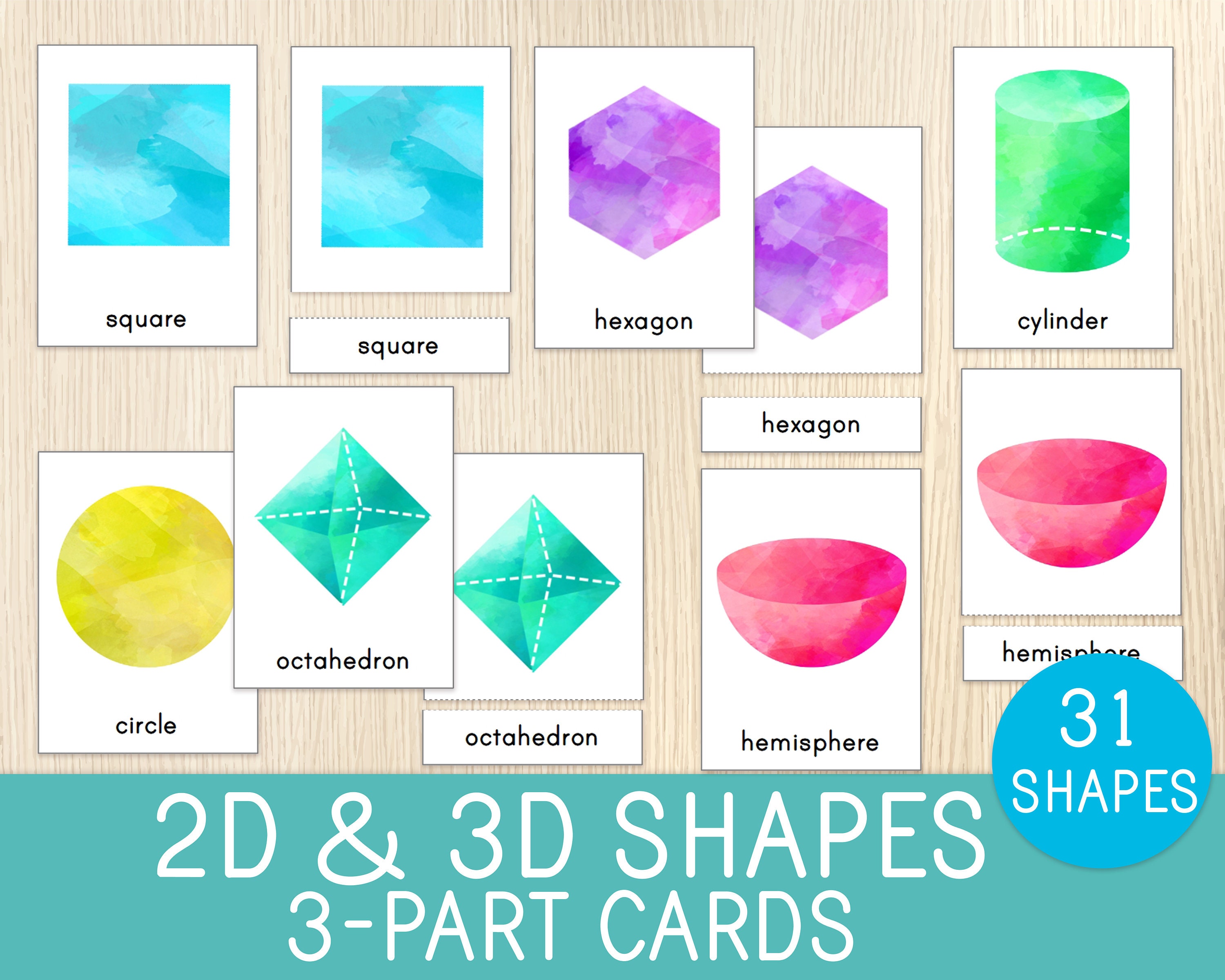 Shapes Cards, 3-part Cards, 2D & 3D, Nomenclature Cards, Montessori ...