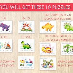 Dinosaur Number Puzzles, Sequence Puzzles, Count 1 to 20, Skip Counting ...