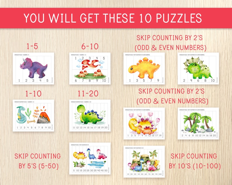 Dinosaur Number Puzzles Sequence Puzzles Count 1 to 20 Skip - Etsy