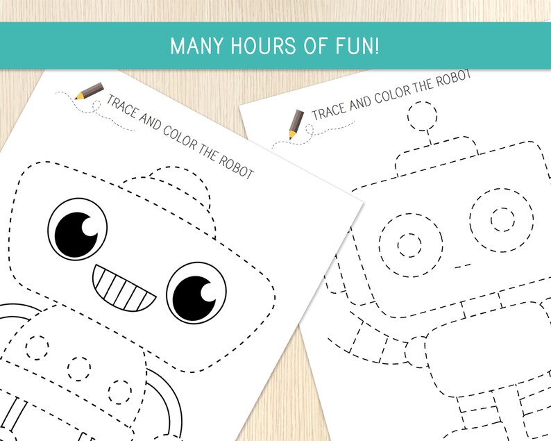 Robots Trace and Color Worksheets Coloring Pages Tracing - Etsy