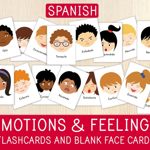 Spanish & English Emotions Flashcards and Blank Face - Etsy