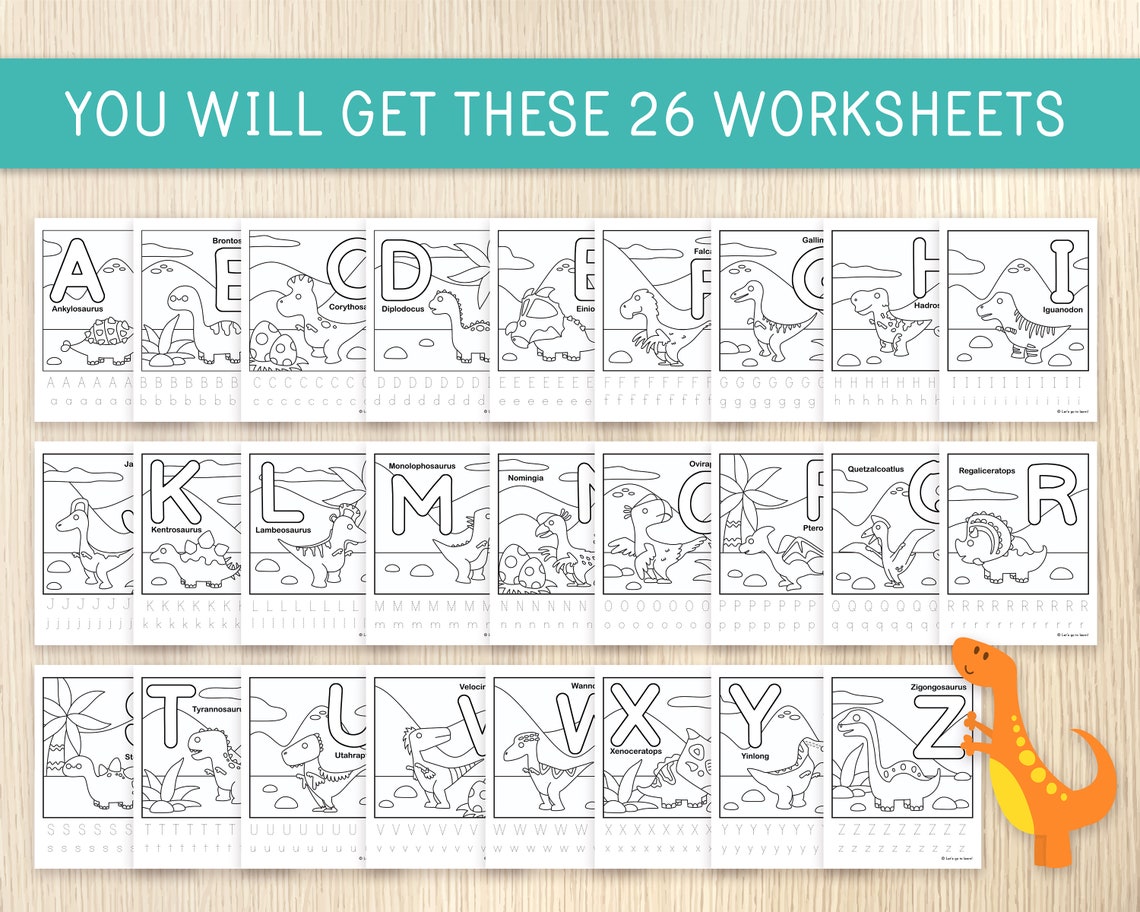 Dinosaurs Coloring & A-Z Alphabet Letter Tracing Worksheets - Etsy