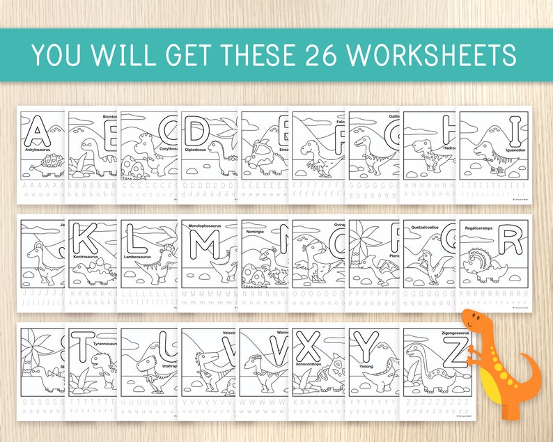 Dinosaurs Coloring & A-Z Alphabet Letter Tracing Worksheets - Etsy