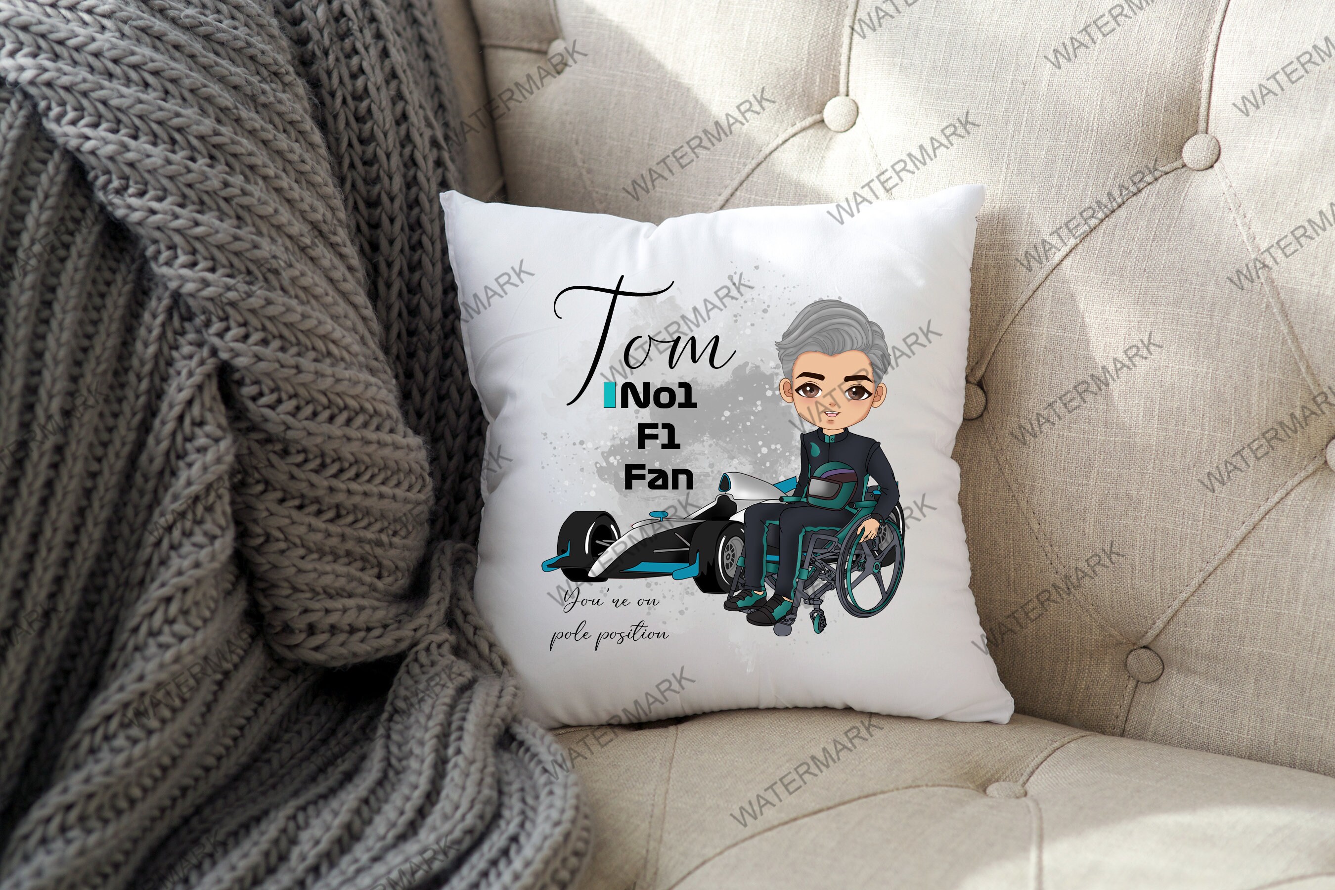 F1 Racing Mercedes F1 Top Fan Wheelchair Personalised Cushion Cover ...