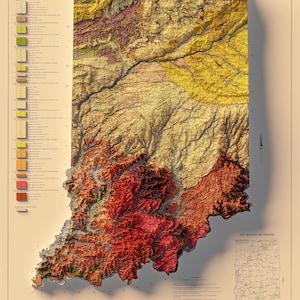 Indiana Map Geology 1973 Vintage Historical Map Wall Art With Relief ...