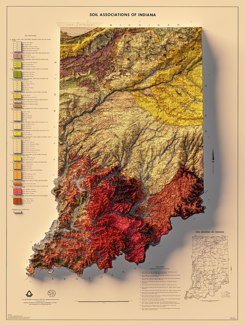Indiana Map Geology 1973 Vintage Historical Map Wall Art With Relief ...
