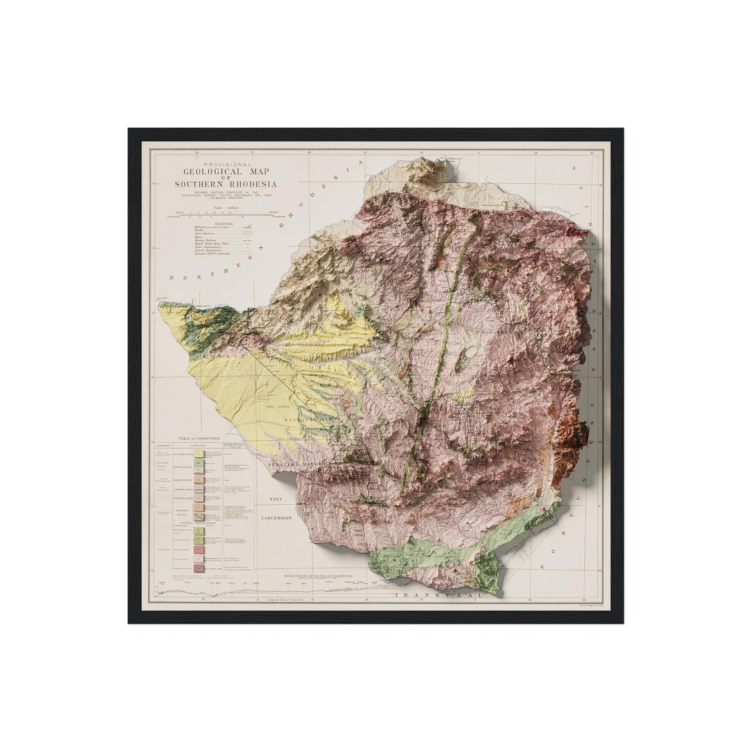 Zimbabwe Map 1928 Geologic - Vintage Shaded Relief Map - Unique Wall ...