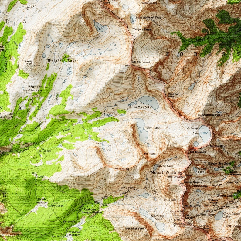 Mount Whitney Map, Mount Whitney Sierra Nevada Wall Art, Vintage Mount ...