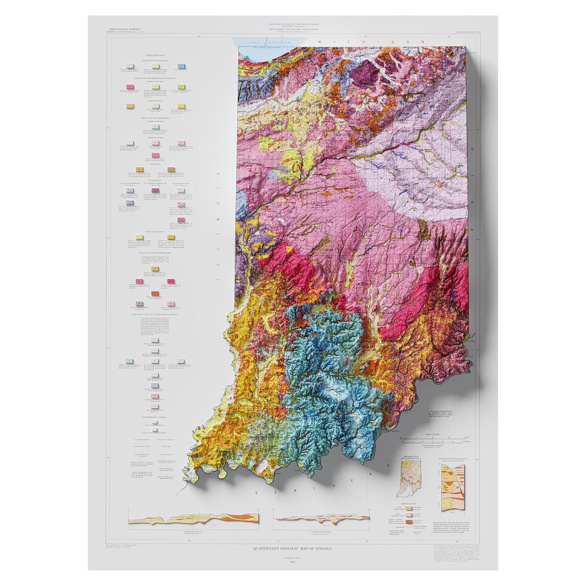 Indiana Map Geology 1989 Vintage Reprint Historical Map With Relief ...