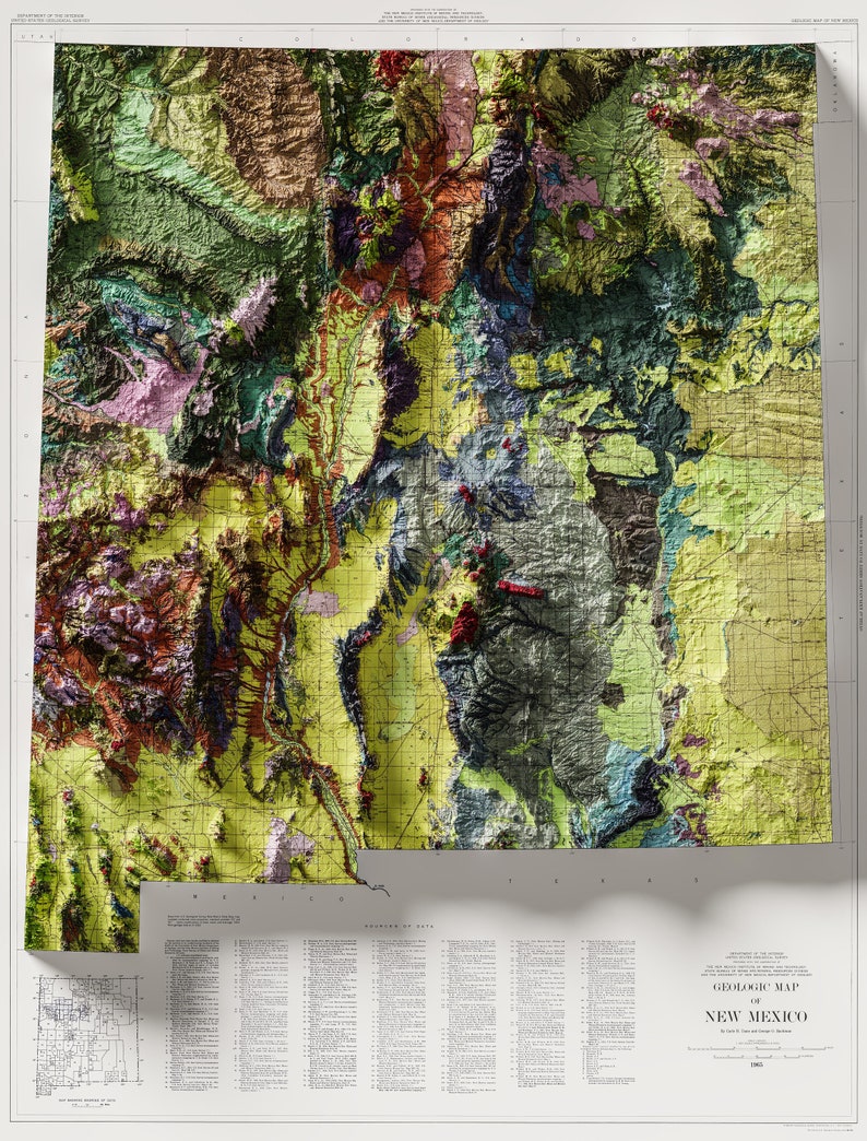 1965 New Mexico Geology Map Print, Shaded Relief Vintage Wall Art - Etsy