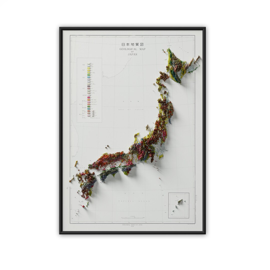 Geological Map of Japan 1956, Vintage Map Wall Art With Relief Effect ...