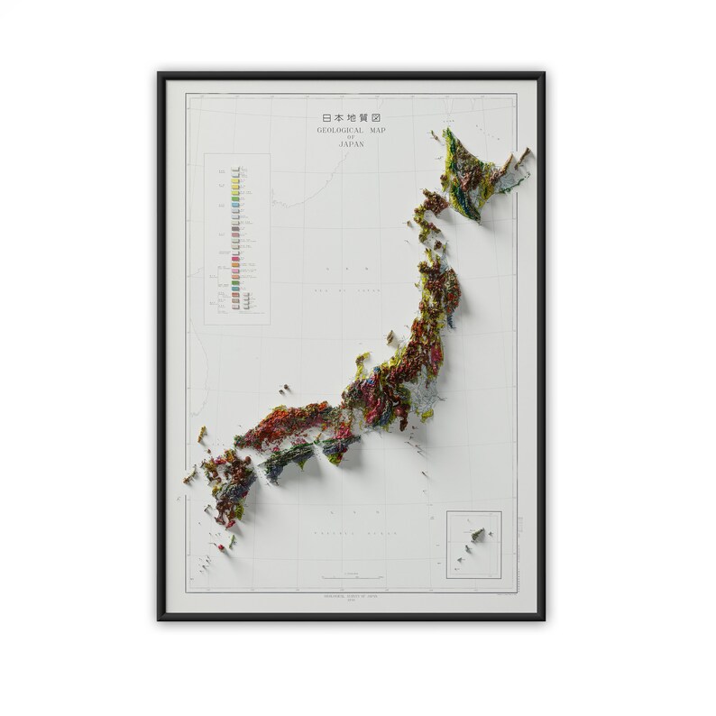 Geological Map of Japan 1956, Vintage Map Wall Art With Relief Effect ...
