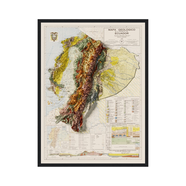 Ecuador Geologic Map 1969 Vintage Reprint Historical Map With Relief Effect, Ecuador Art ...
