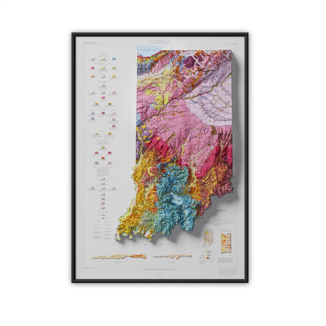 Indiana Map Geology 1989 Vintage Reprint Historical Map With Relief ...