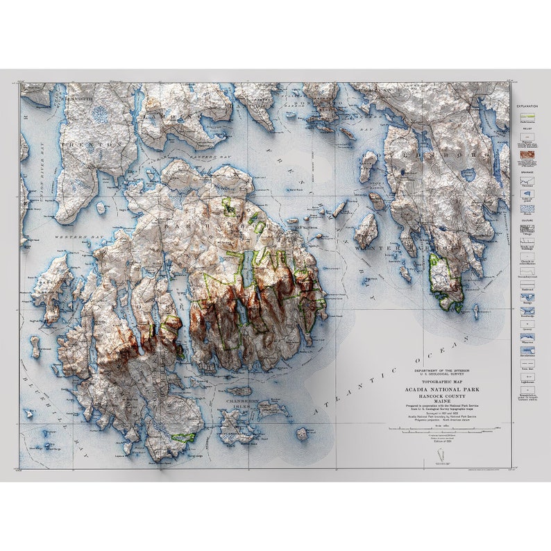 Acadia National Park Topographic Map 1931 - Vintage Print - Geography ...