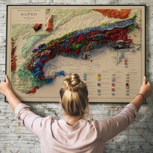 Vintage Alps Map Poster 1923 Geologic Print With Relief Effect ...