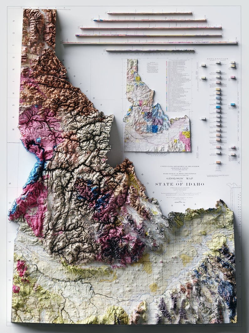 Vintage 1947 Idaho Geological Map – 3D Relief Style Print - Etsy
