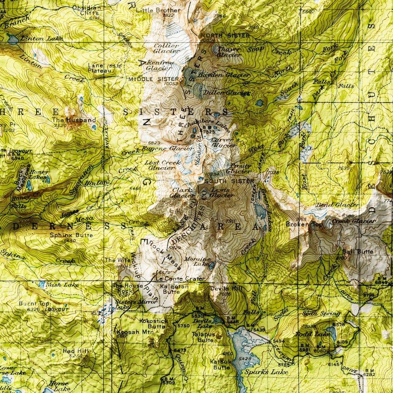 Topographic Map of Three Sisters Oregon, Oregon Coast Map Print ...