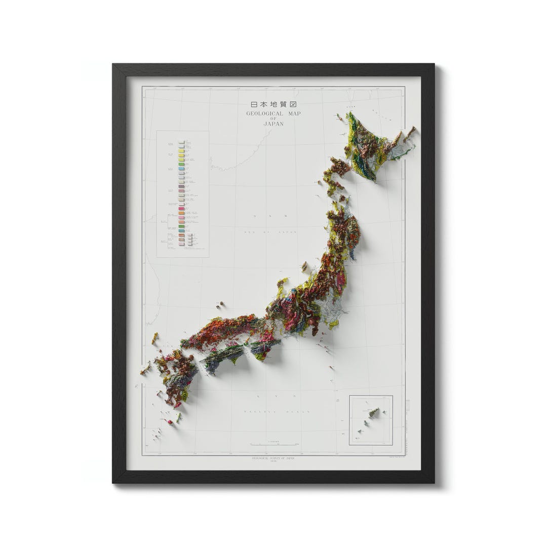 Geological Map of Japan 1956, Vintage Map Wall Art With Relief Effect ...