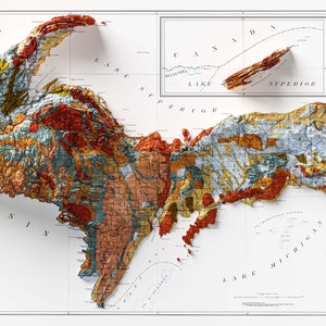 Upper Peninsula of Michigan Wall Art Map - Geological Print - Geography ...