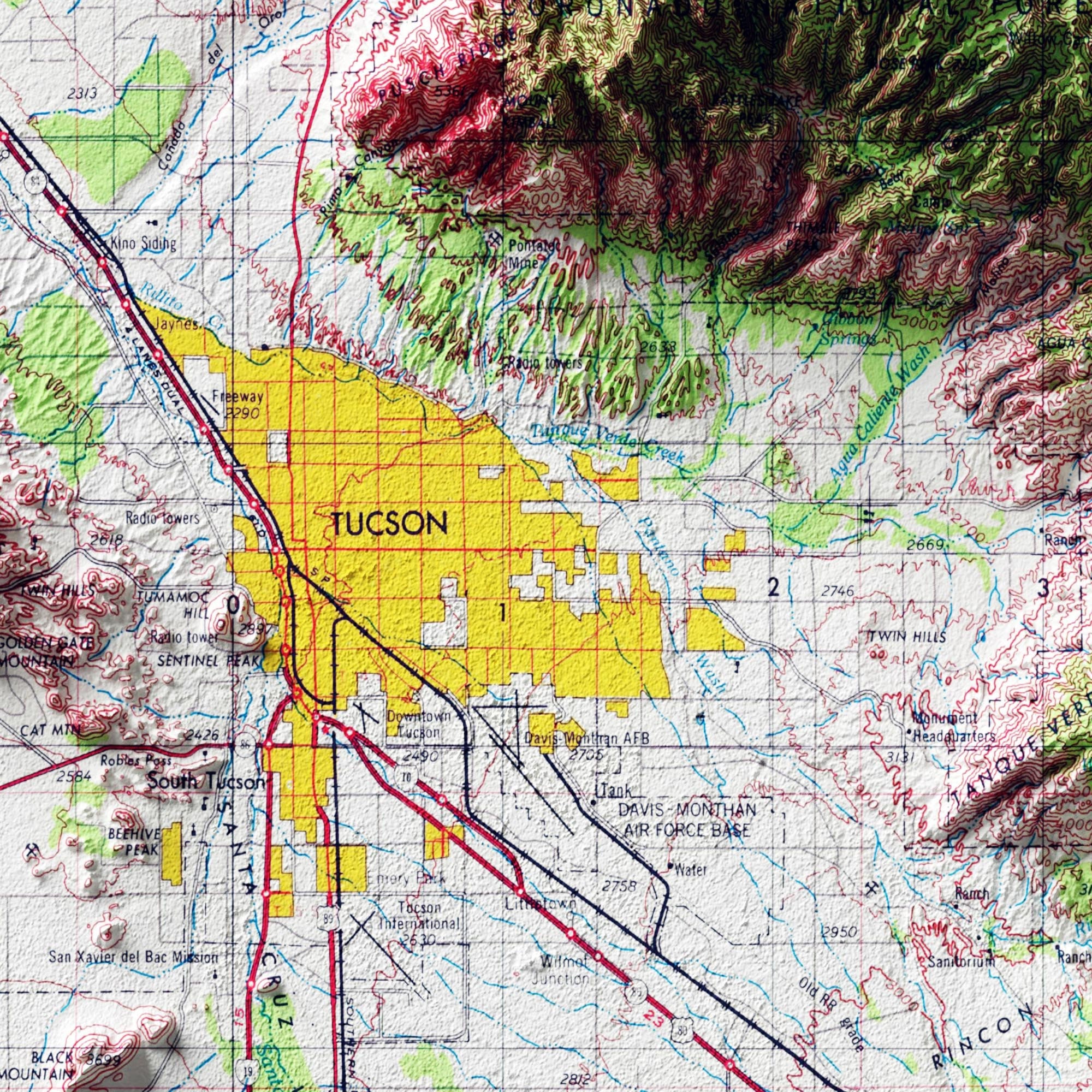 Tucson Arizona Map 1969, Vintage Reprint Historical Map Relief Effect ...