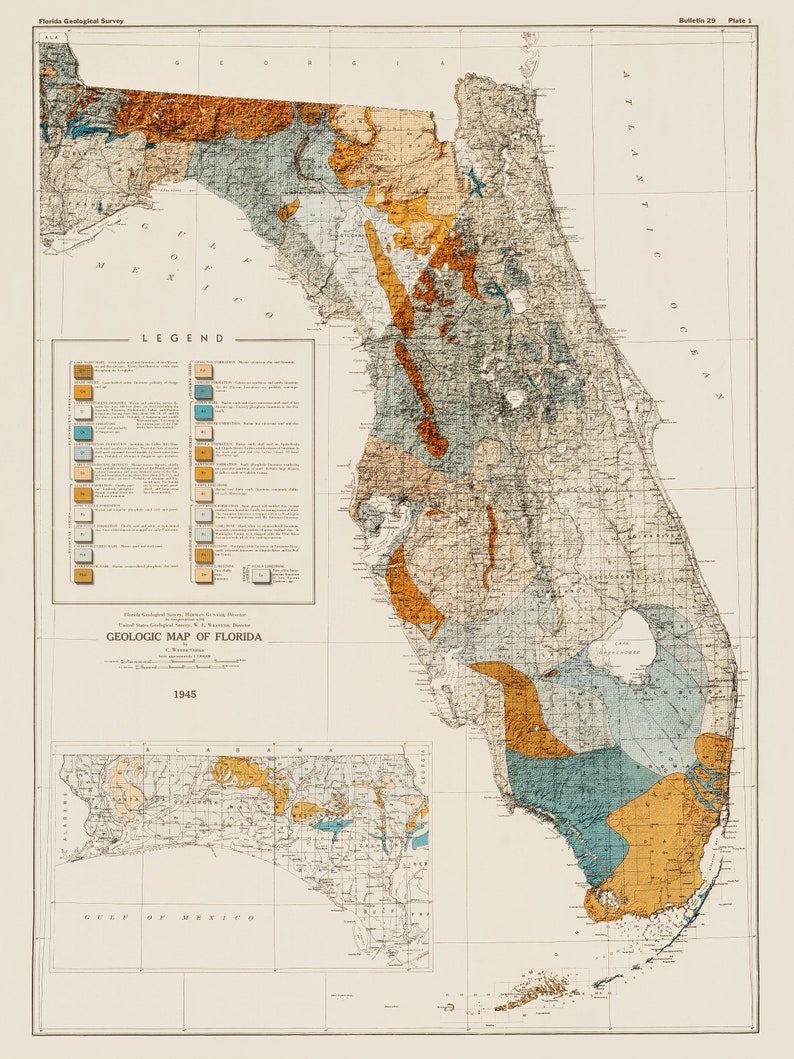 Vinage Florida Shaded Relief Map 1945 - Housewarming Wall Decor Gift - Etsy