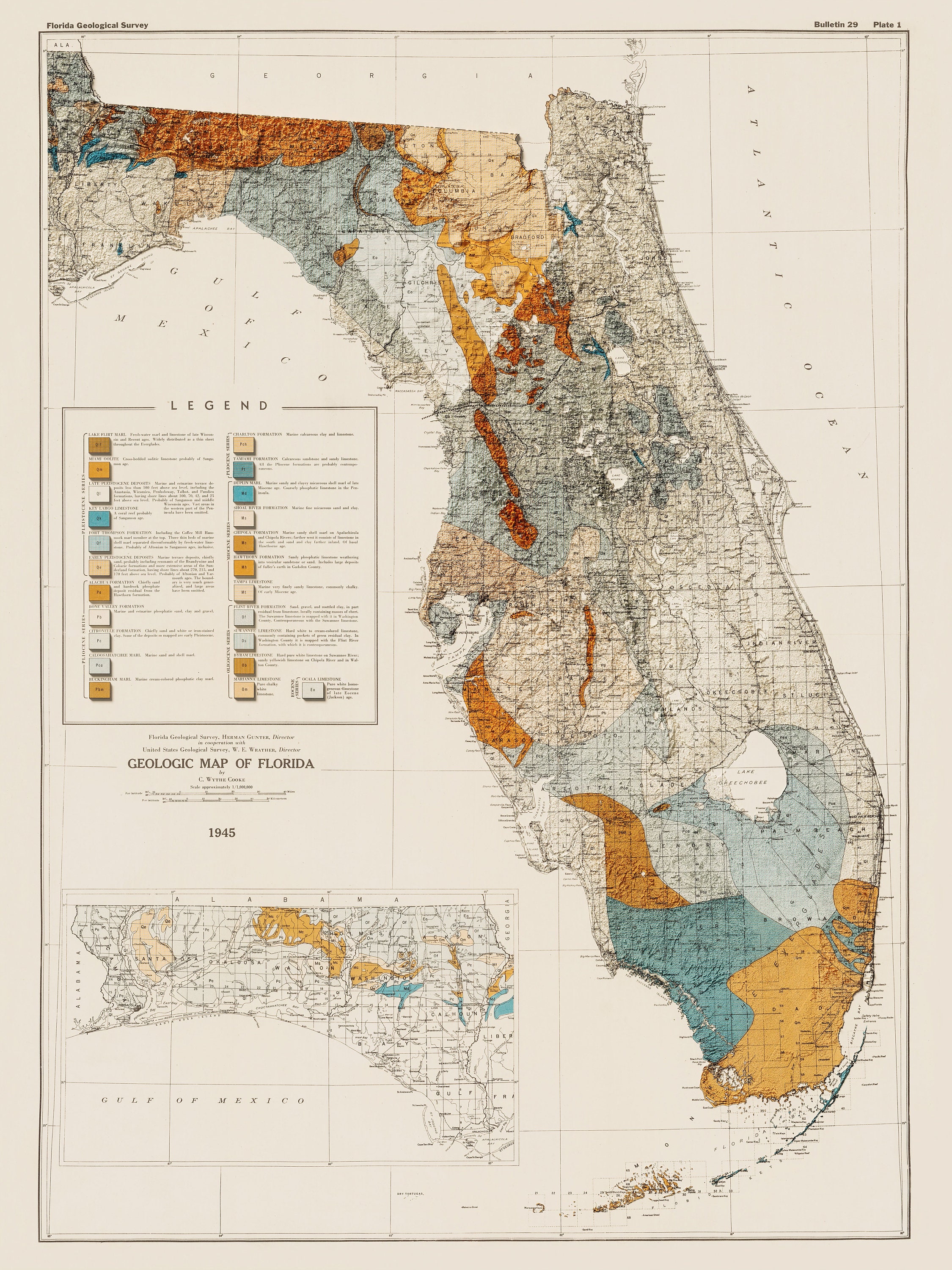 Florida Geologic Map 1945 Vintage Reprint Historical Map With Relief ...