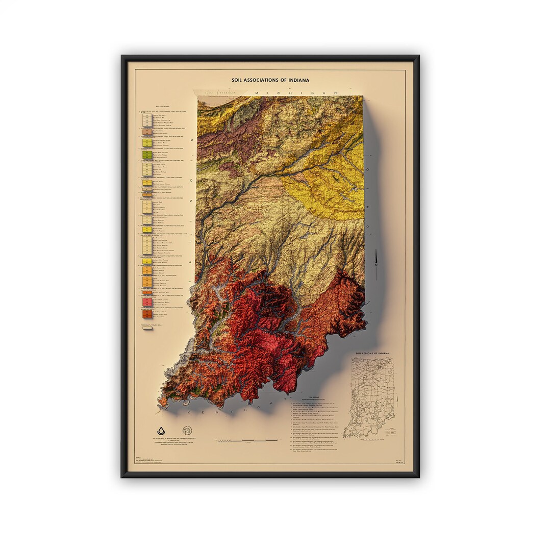 Indiana Map Geology 1973 Vintage Historical Map Wall Art With Relief ...