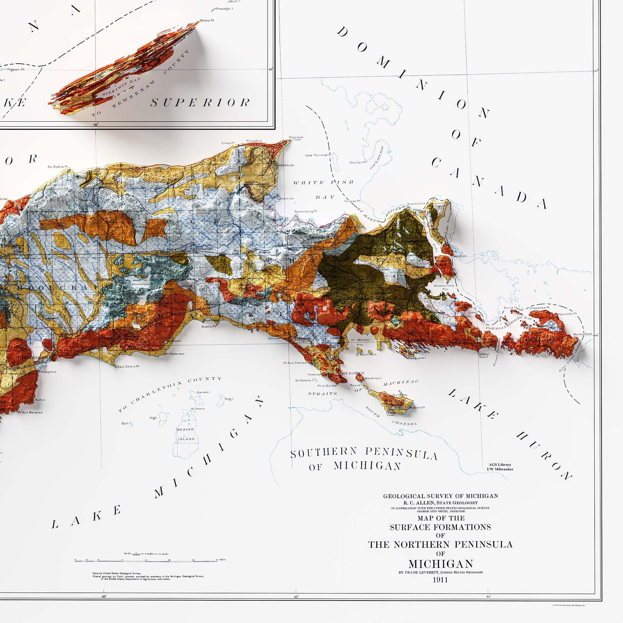 Upper Peninsula Michigan Geological Map Print - Vintage Style Wall Art ...